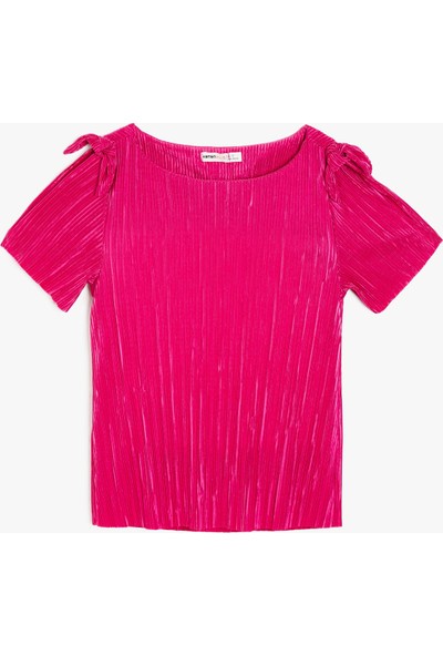 Koton Kız Çocuk Piliseli Dökümlü Kumaştan Omuzda Fiyonklu Bisiklet Yaka Bluz