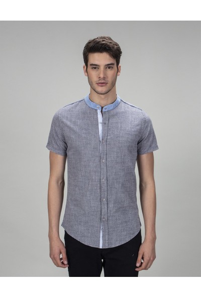 Tudors Slim Fit Kısa Kol Hakim Yaka Gri Erkek Gömlek