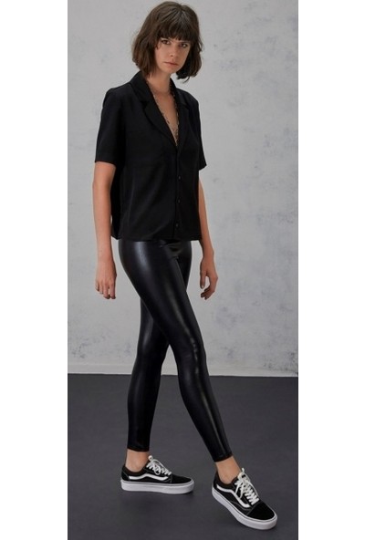 İncebelli Collection Kadın Parlak İç Polarlı Yüksek Bel Deri Siyah Tayt Pantolon