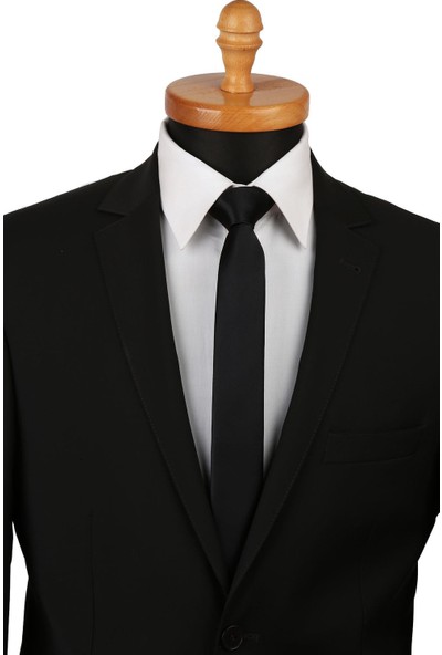 La Pescara Siyah Saten Düz Çok İnce Kravat UST11