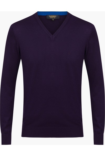 Hateko Dar Kesim Erkek V Yaka Patlıcan Moru Pamuklu Kazak Hateko Dar Kesim Erkek V Yaka Patlıcan Moru Pamuklu Kazak