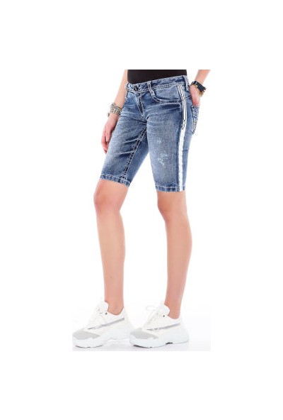 Cipo&Baxx WK147 Şeritli Cepleri Nakışlı Mavi Kadın Kot Şort