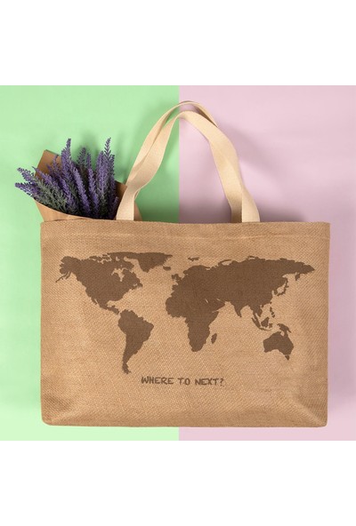 OCEAN HOME HARİTA BASKILI JÜT PLAJ ÇANTASI