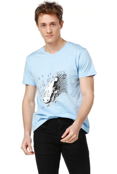 Mumu Rabbit Fishes - Berrin Simavlıoğlu Tasarımı Mavi V Yaka Erkek T-Shirt Mumu Rabbit Fishes - Berrin Simavlıoğlu Tasarımı Mavi V Yaka Erkek T-Shirt