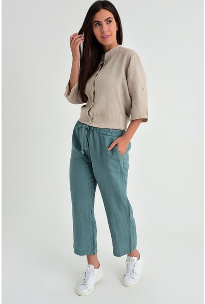 Pua Fashion Kadın İtalyan Haki Beli Lastikli Bol Paça Keten Pantolon Pua Fashion Kadın İtalyan Haki Beli Lastikli Bol Paça Keten Pantolon