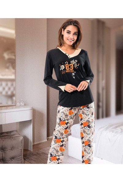 Derya Kurşun Çiçek Desenli V Yaka Kadın Pijama Takım 1101