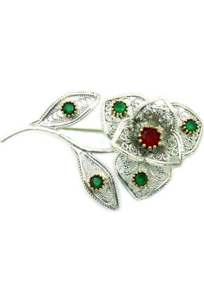 Aykat Broş Telkari Gümüş Yakut Taşlı Bayan Yaka İğnesi Gül Modeli Brs-155