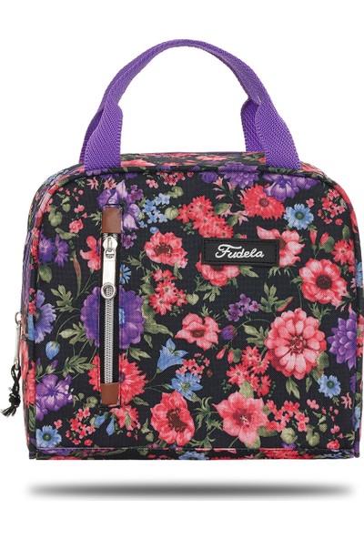 Fudela Lounch Color Siyah Pembe Çiçek Desen Beslenme Çantası