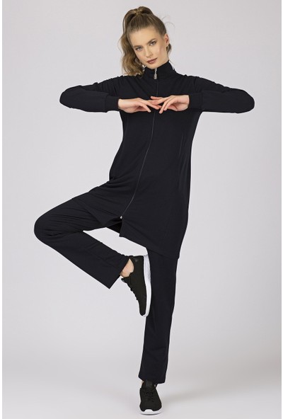 Tommy Life Yaka Baskılı Lacivert Eşofman Kadın Tunik Takım