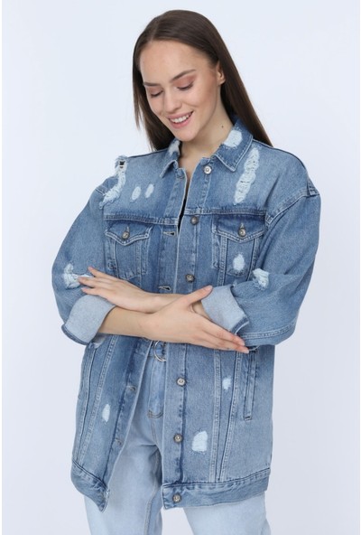 Denim Republic Kadın Açık Mavi Yırtık Detaylı Uzun Kot Ceket Denim Republic Kadın Açık Mavi Yırtık Detaylı Uzun Kot Ceket