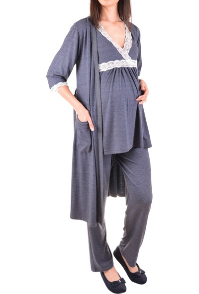 Nicoletta Hamile Sabahlık Pijama Üçlü Takım Viskon