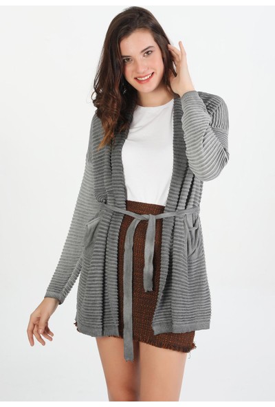 Pua Fashion Fitilli Cep Detaylı Kadın Triko Hırka