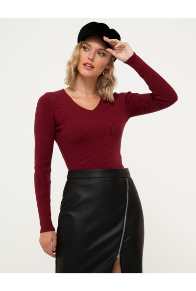 Pierre Cardin Kadın Bordo Slim Fit V Yaka Triko Kazak 50210380-VR014