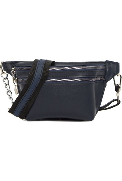 Bagmori Lacivert Deri Askılı Zincirli Bel Çantası
