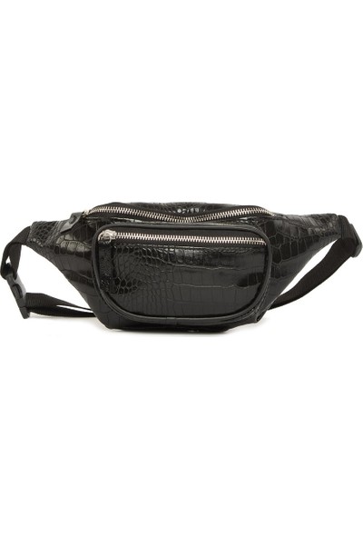 Bagmori Siyah Oval Cepli Kolonlu Parlak Bel Çantası Bagmori Siyah Oval Cepli Kolonlu Parlak Bel Çantası