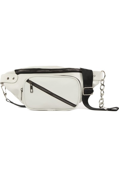 Bagmori Beyaz Çapraz Fermuarlı Cepli Bel Çantası