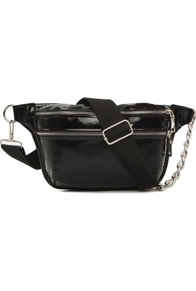 Bagmori Parlak Siyah Çift Fermuarlı Büyük İthal Bel Çantası