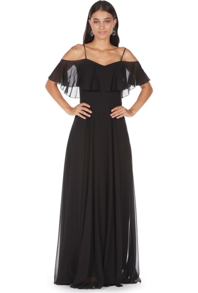 Carmen Siyah Düşük Kollu Askılı Uzun Abiye Elbise