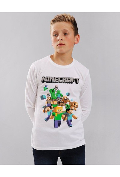 TakeTshirt Mınecraft Çocuk T-shirt Uzun Kollu Beyaz Unisex
