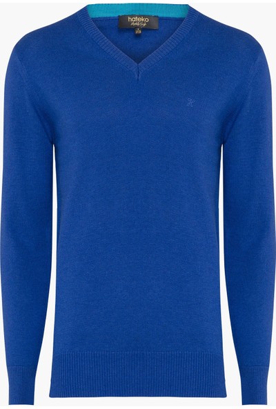 Hateko Saks Mavi Dar Kesim Erkek V Yaka Kazak Hateko Saks Mavi Dar Kesim Erkek V Yaka Kazak