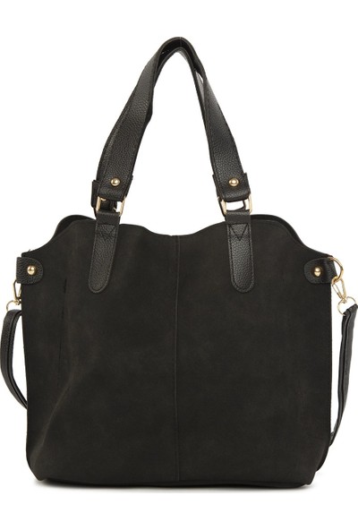 Bagmori Siyah Üç Bölmeli Çıtçıt Detaylı Nubuk Çanta Bagmori Siyah Üç Bölmeli Çıtçıt Detaylı Nubuk Çanta