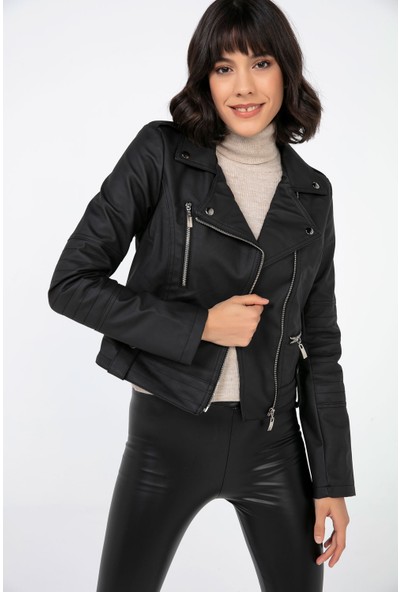 Liplipo Kadın Sahte Cepli Astarlı Deri Mont