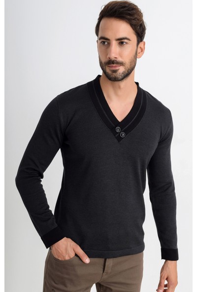 Heyss Geniş V Yaka Düğme Detaylı Erkek Triko Kazak