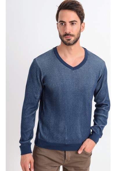 Heyss V Yaka Çift Renk Detaylı Erkek Triko Kazak