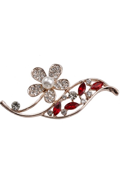 Lavisera İncili Çiçek Kırmızı Yapraklı Broş Lavisera İncili Çiçek Kırmızı Yapraklı Broş