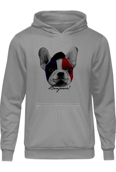 Fandomya Casual French Bulldog Flag Gri Kapüşonlu Hoodie