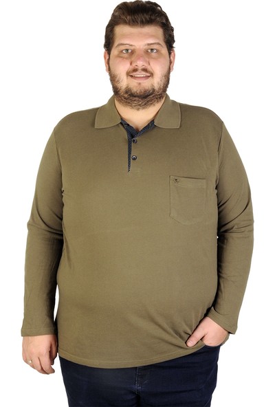 ModeXL Büyük Beden Erkek Sweatshirt Polo Super Klasik Cepli 19443 Haki