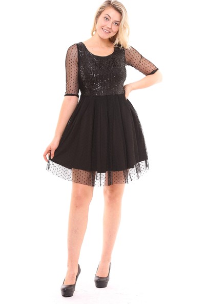 Sense Kadın 32225 Havuz Yaka Eteği Dantel Payet Elbise