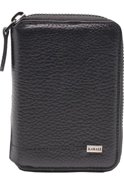 Karalı Deri Fermuarlı Erkek Cüzdan Kartlık