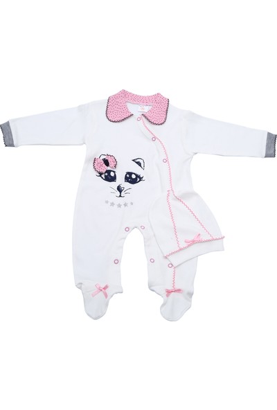 Bertoby Kedi Baskılı Şapkalı Beyaz Pembe Kız Takım Bertoby Kedi Baskılı Şapkalı Beyaz Pembe Kız Takım