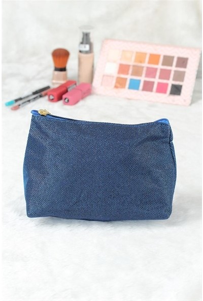 Lacivert Renk Simli Makyaj Çantası