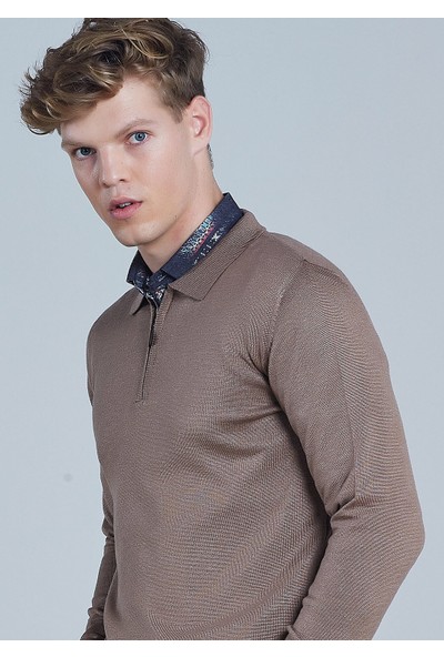 Adze Erkek Vizon Basic Fermuarlı Polo Yaka Kazak Adze Erkek Vizon Basic Fermuarlı Polo Yaka Kazak