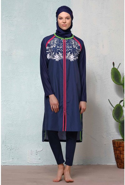 Haşema Lacivert Palmiye Desenli Tesettür Mayo