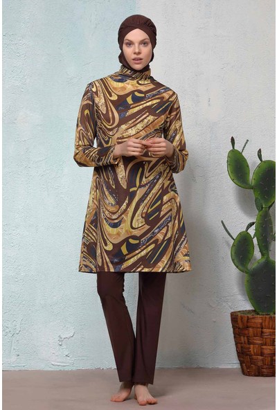 Haşema Kahverengi Desenli Tam Tesettür Mayo