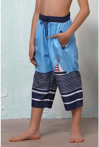 Haşema Gemi Desenli Mavi Erkek Çocuk Deniz Şortu