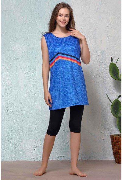 Haşema Gökkuşağı Desenli Mavi Büyük Beden Havuz Mayo