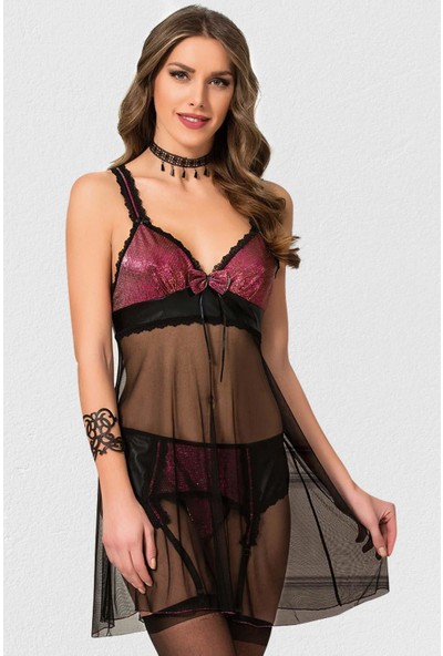 Mite Love Jartiyerli Tül Gecelik Takım Fuşya L Mite Love Jartiyerli Tül Gecelik Takım Fuşya L