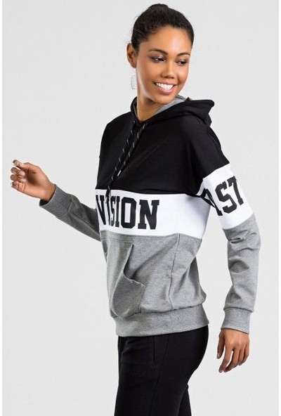 Tommy Life Ön Baskılı Gri Melanj-Siyah Kadın Eşofman Takım