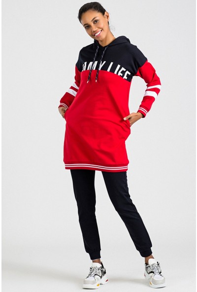 Tommy Life Kırmızı-Lacivert Kadın Kapüşonlu Yazı Baskılı Rahat Form Jogger Eşofman Tunik Takım-03471 Tommy Life Kırmızı-Lacivert Kadın Kapüşonlu Yazı Baskılı Rahat Form Jogger Eşofman Tunik Takım-03471