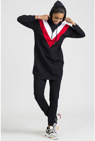 Tommy Life Lacivert Kadın Kapüşonlu V Desenli Rahat Form Jogger Eşofman Tunik Takım-3463 Tommy Life Lacivert Kadın Kapüşonlu V Desenli Rahat Form Jogger Eşofman Tunik Takım-3463