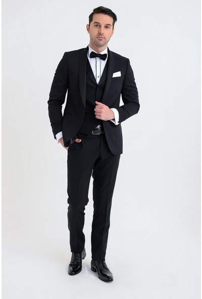 Morven Santorini Slim Fit Yelekli Smokin Damatlık Siyah Morven Santorini Slim Fit Yelekli Smokin Damatlık Siyah