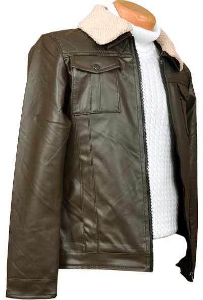 Goong Erkek Kahve Deri Ceket Yakaları Kürklü