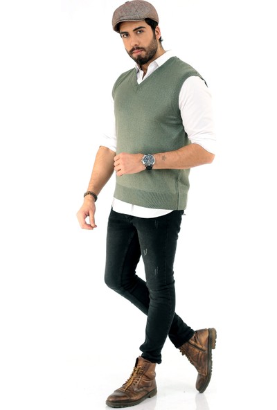 Corbvell Klasik Triko Süveter Yeşil Melanj XXL