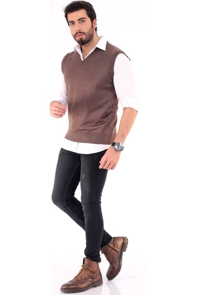 Corbvell Klasik Triko Süveter Kahverengi XXL