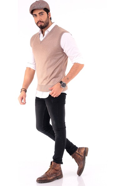 Corbvell Klasik Triko Süveter Vizon XXL