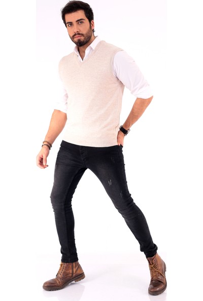 Corbvell Klasik Triko Süveter Bej XXL